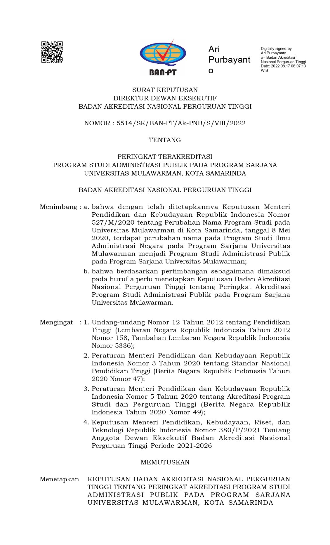 SK BAN-PT “AKREDITASI PROGRAM STUDI ADMINISTRASI PUBLIK PROGRAM SARJANA ...